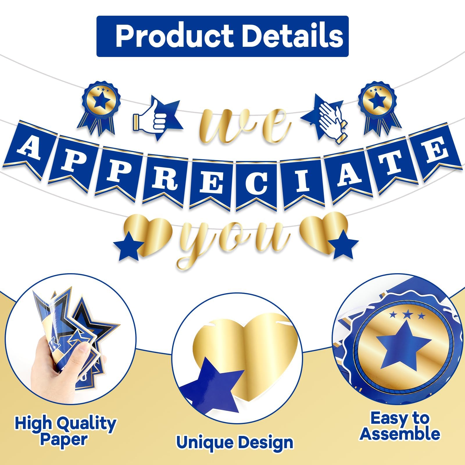 CHUNNIN We Appreciate You Banner Decorations Blue Gold Thank You Hanging Swirls Sign Employee Appreciation Streamer for Pastor Staff Teacher Retirement Doctor Nurse Thanksgiving Party Supplies