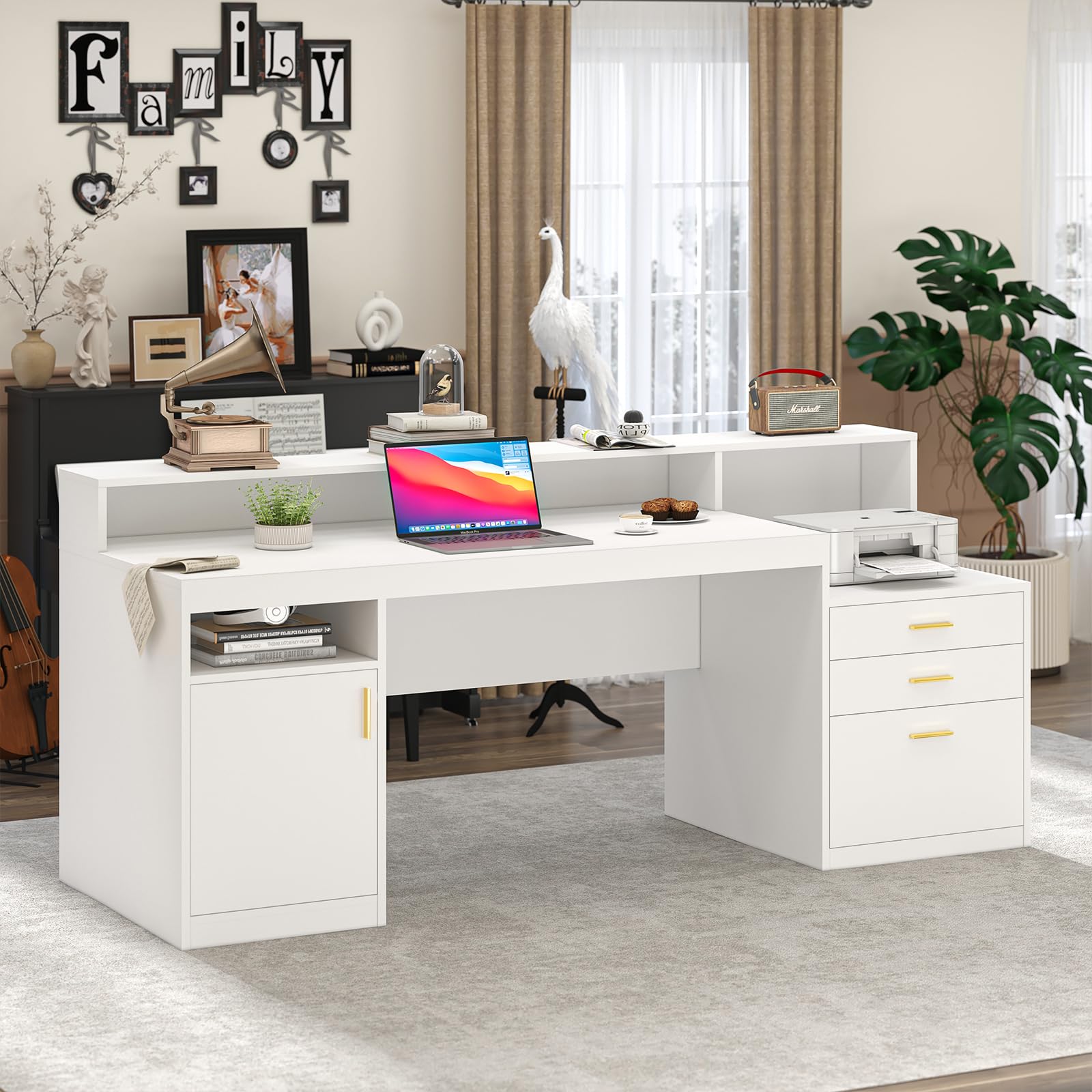 TVU 65" Computer Desk with 3 Drawer & Storage Shelves, Home Office Desk with File Drawer Cabinet, Executive Desk with Long Monitor Stand & Printer Shelf, White