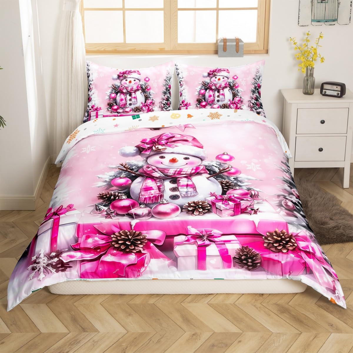 Feelyou Merry Christmas Tree and Snowman Bedding Set Full Size Xmas Pink Duvet Cover Girls Bedroom Decor Snowflake Comforter Cover Set Women Men Bow Bedspread Cover with 2 Pillow Case,No Comforter