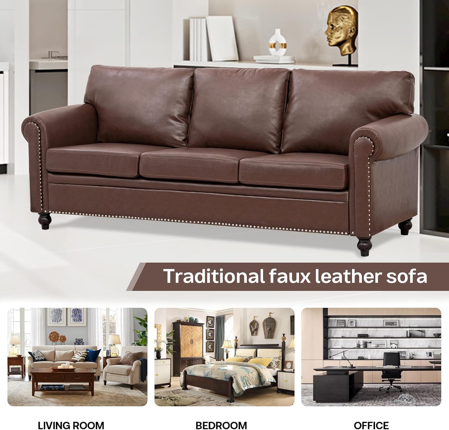 Brown Leather Couch, Comfy Classic 3 Seater Living Room Sofa，Mid-Century Modern Sofa with Detachable Cushions 84" for Living Rooms, Bedrooms, Offices,Apartments Tool-Free Assembly(Brown PU + Sofa)