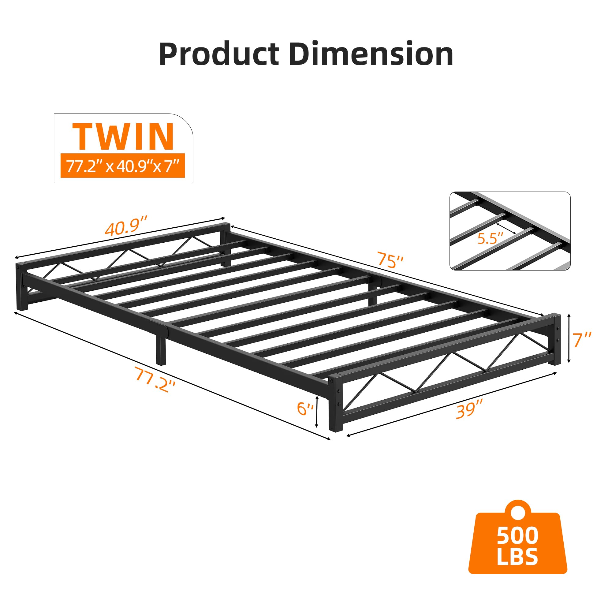 SUNNYFURN 6 Inch Twin Size Metal Bed Frame Heavy Duty Steel Slat Support Metal Platform Bed Frame Sturdy Twin Size Bed Frame No Box Spring Needed Easy Assembly, Noise Free, Suitable for Bedroom Black