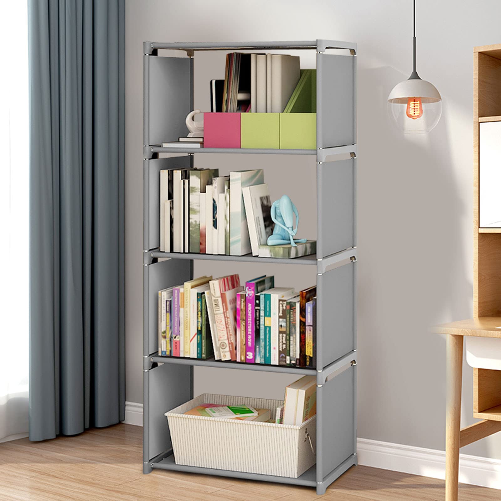 4-Tier Waterproof Cube Storage Shelf Organizer for Bedroom, Living Room, Ideal for Small Spaces Diy, Can Be Used as Bookshelf, Bookcase, Closet, Pantry Shelves and Many More (Metal &Woven Fabric)