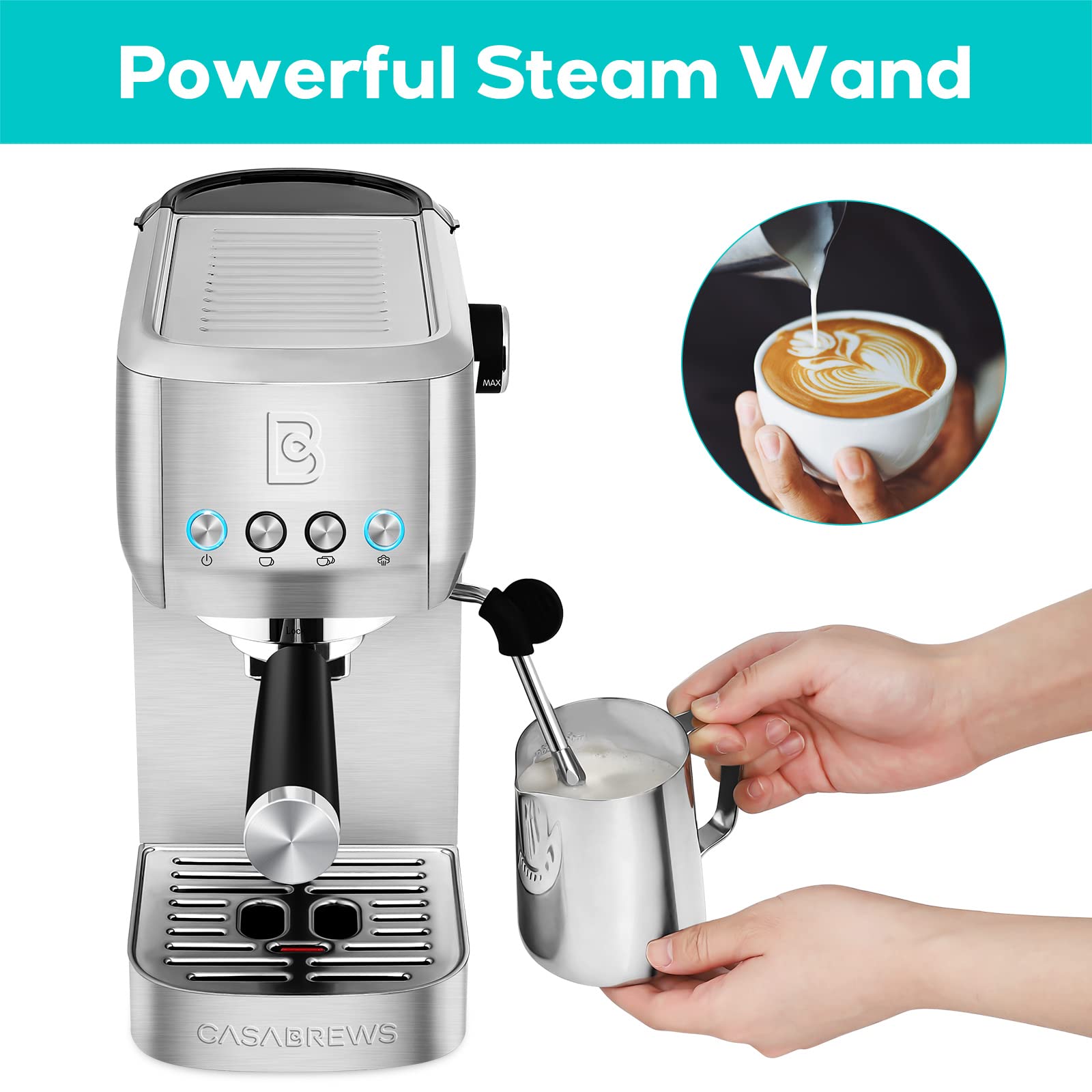 CASABREWS Professional Espresso Maker Cappuccino Machine with Steam Milk Frother & 51mm Bottomless Portafilter with Filter Basket and Puck Screen