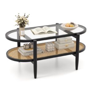 moccha boho coffee table, 2-tier center table with tempered glass tabletop & pe rattan storage shelf, mid century modern tea table, 40" l oval accent table for living room, office (black)