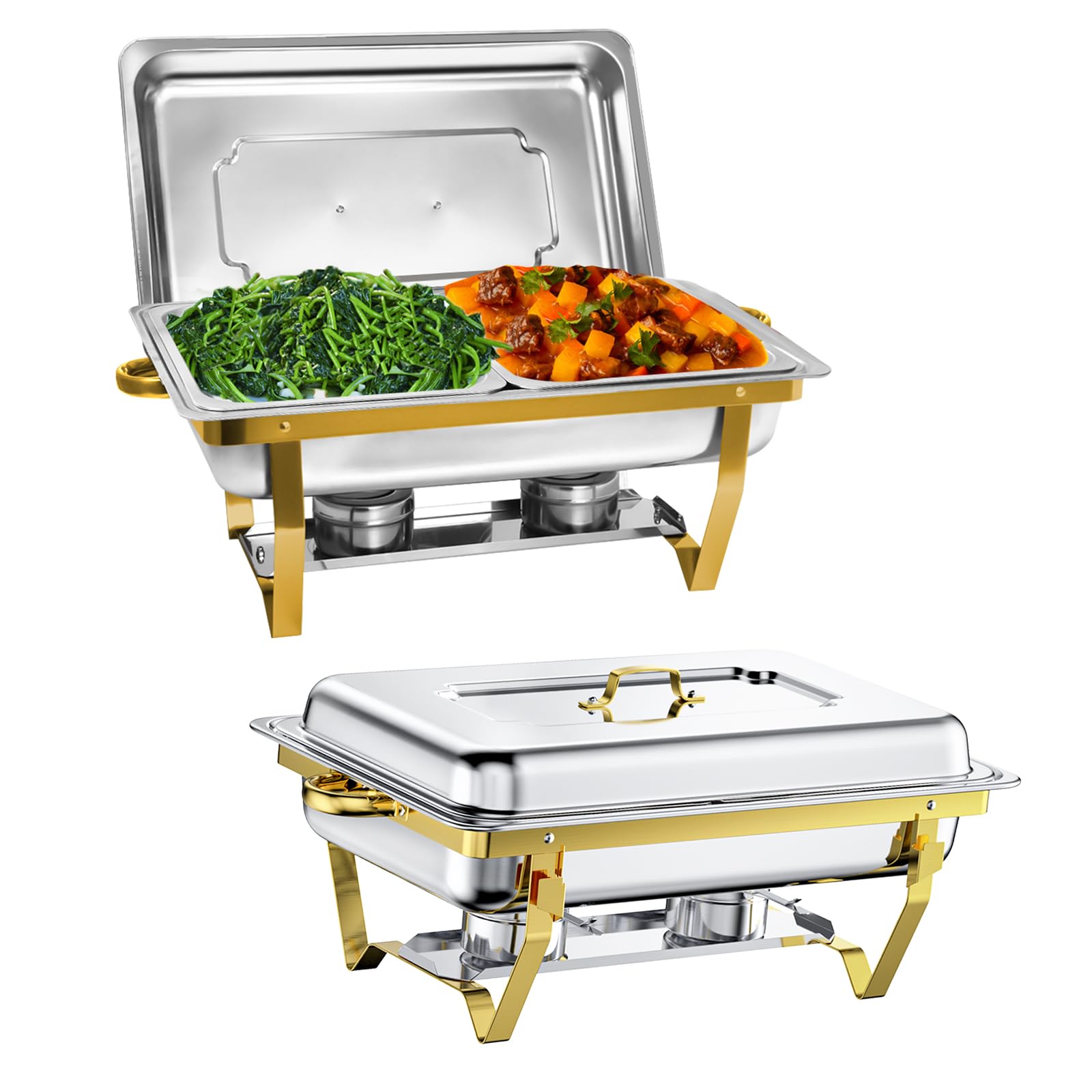 Jacgood 2 Pack 8 QT Chafing Dish Buffet Set, Gold Stainless Steel Catering Serve Chafer, Restaurant Food Warmer, Buffet Stove with Half Size Food Pan and Foldable Frame for Party