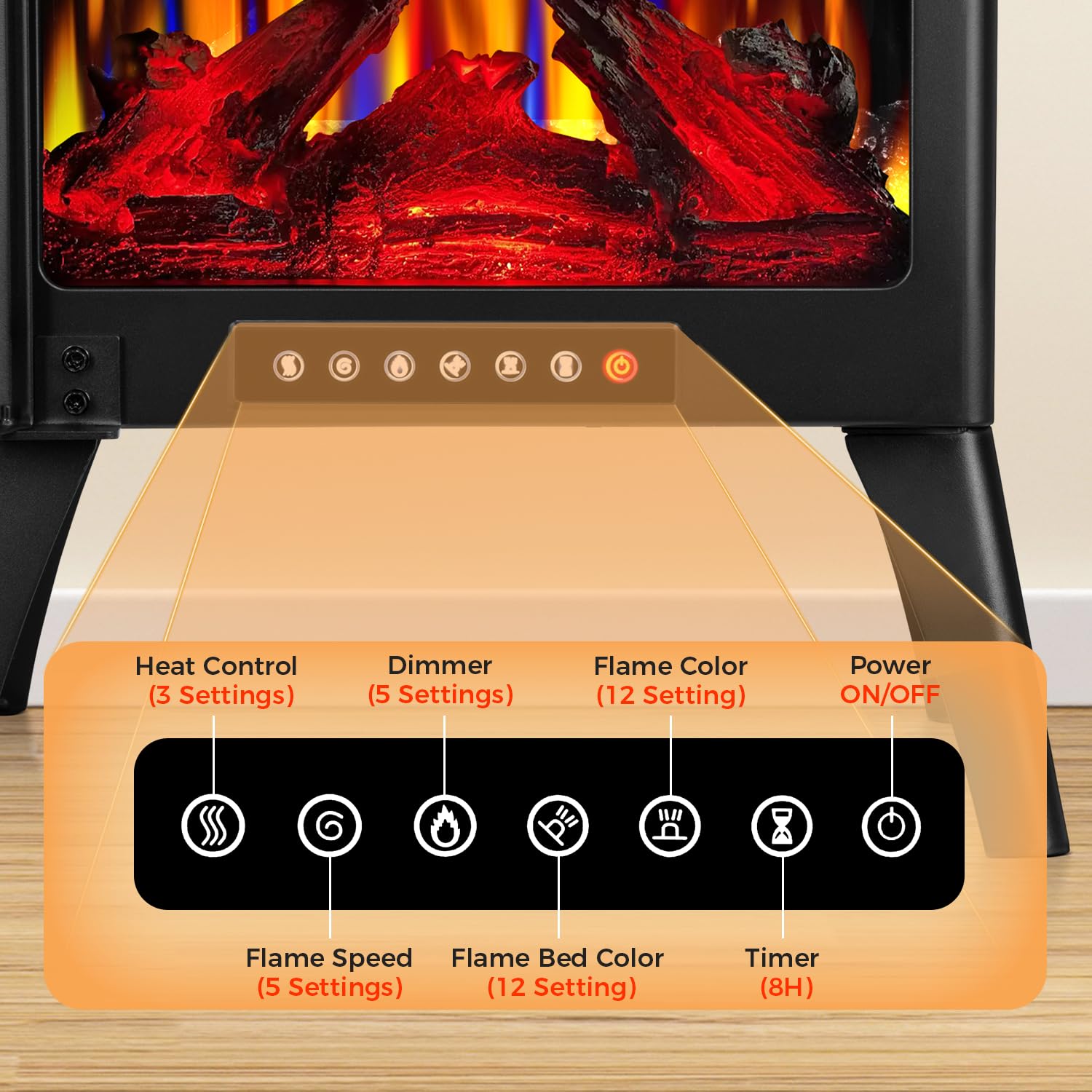 Electric Fireplace Stove, 1500W, Fast Heating, X Infrared Fireplace Heater with Remote Control, 8H Timer, Freestanding Stove with Adjustable 3D Flame Overheat Protection, Indoor Fireplace