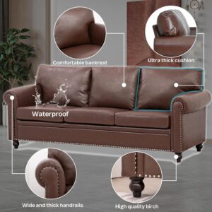 Brown Leather Couch, Comfy Classic 3 Seater Living Room Sofa，Mid-Century Modern Sofa with Detachable Cushions 84" for Living Rooms, Bedrooms, Offices,Apartments Tool-Free Assembly(Brown PU + Sofa)