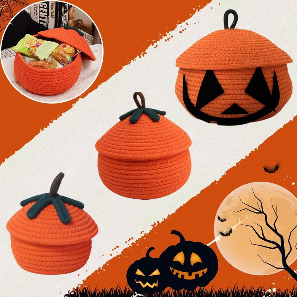 WAXCMXYH Pumpkin Basket with Lid, Halloween Hand Woven Pumpkin Shape Candy Basket Decorative, Orange Rope Braided Basket Snacks Organizer for Trick or Treat, Fall Harvest Table Decor