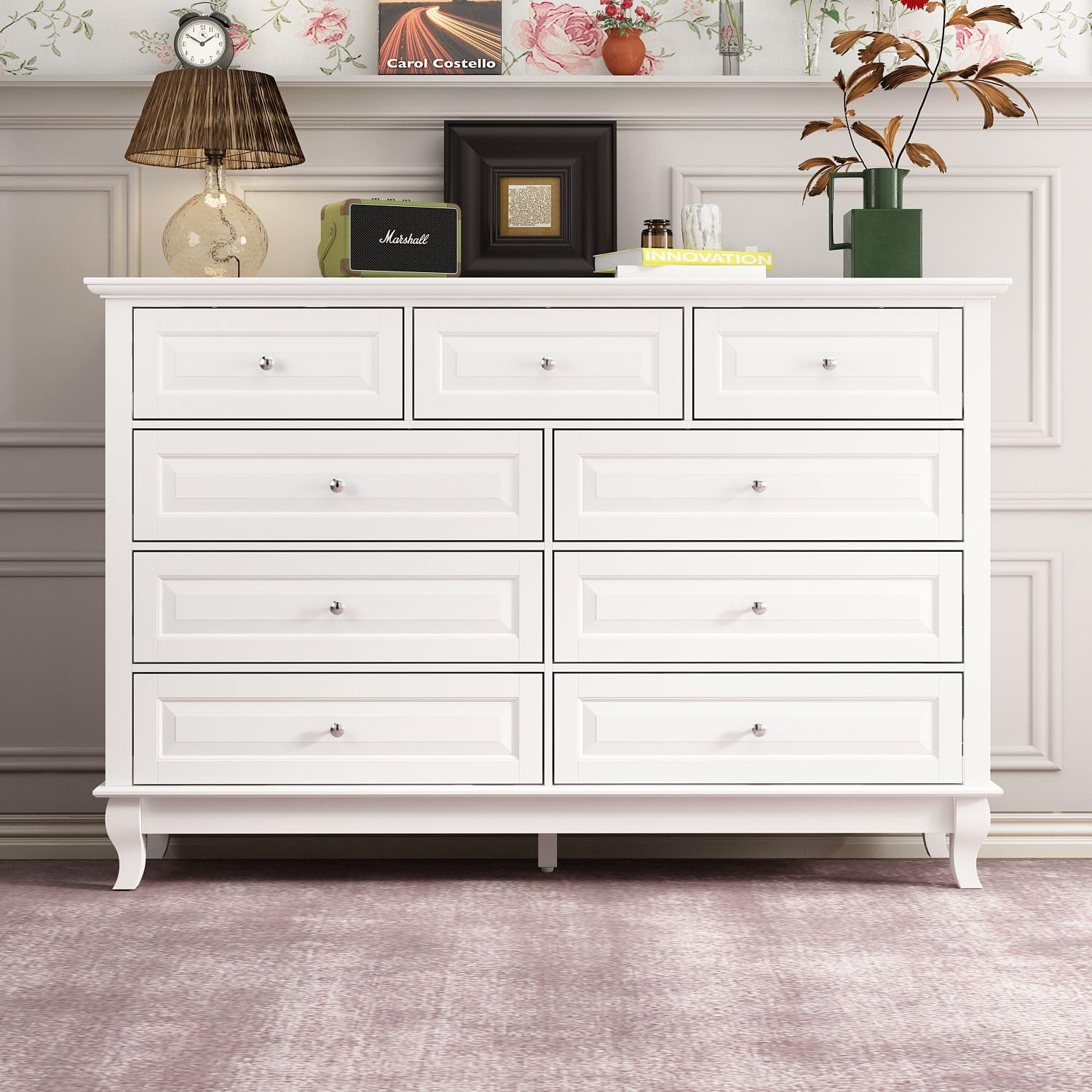 MOUMON Chest of Drawers 9 Drawer Dresser, Modern Contemporary Dresser with Sliver Handles, 9 Drawer Cabinet with Wooden Legs, White Dresser for Bedroom 55.1”W x 15.7”D x 37”H