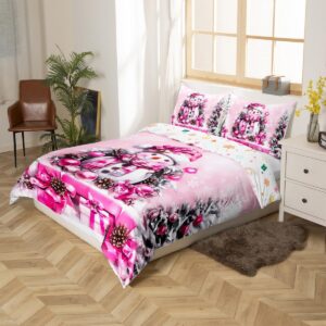 Feelyou Merry Christmas Tree and Snowman Bedding Set Full Size Xmas Pink Duvet Cover Girls Bedroom Decor Snowflake Comforter Cover Set Women Men Bow Bedspread Cover with 2 Pillow Case,No Comforter