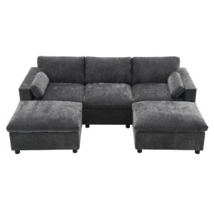 Merax 86.5" Sectional Sofa with Storage Pockets & Removable Ottomans, 5 Seat U Shaped Sleeper Cloud Couch Set, Convertible L-Shaped Chenille Upholstered SofaBed for Living Room and Apartment, Black