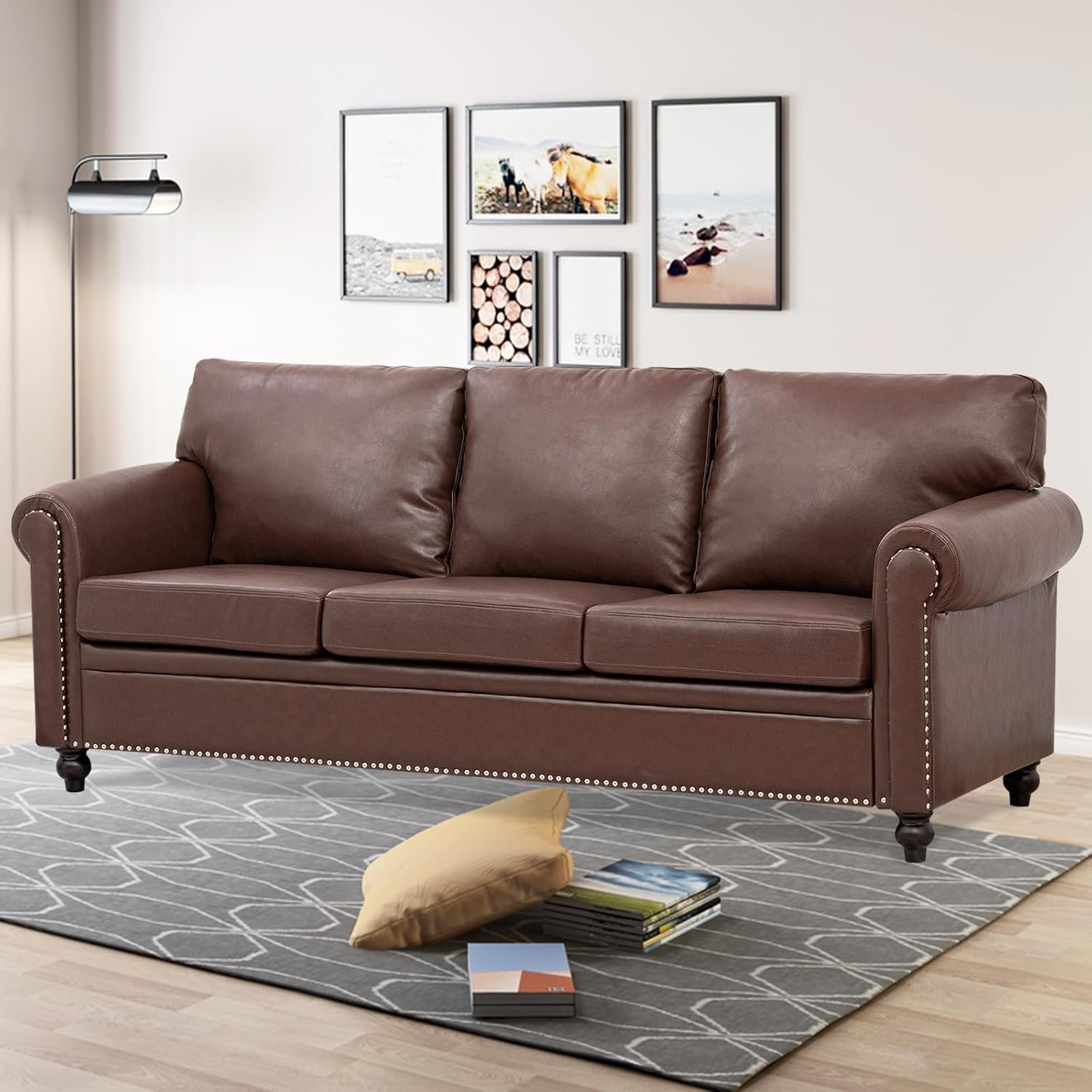 Brown Leather Couch, Comfy Classic 3 Seater Living Room Sofa，Mid-Century Modern Sofa with Detachable Cushions 84" for Living Rooms, Bedrooms, Offices,Apartments Tool-Free Assembly(Brown PU + Sofa)