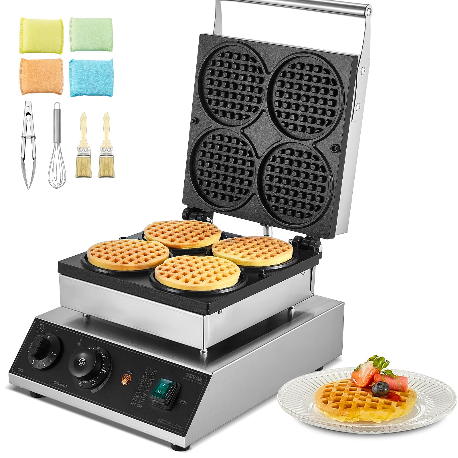 VEVOR Commercial Waffle Maker, 4PCS Round Waffle Baker Machine,1750W Non-Stick Stainless Steel Belgian Waffle Iron with Temperature and Time Control, for Restaurant Bakery Snack Bar Family