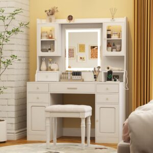 wakefit vanity desk with mirror and lights, 42'' makeup vanity with power outlet, makeup table with drawers and cabinet, 3 lighting modes adjustable brightness, for bedroom, dressing room, white