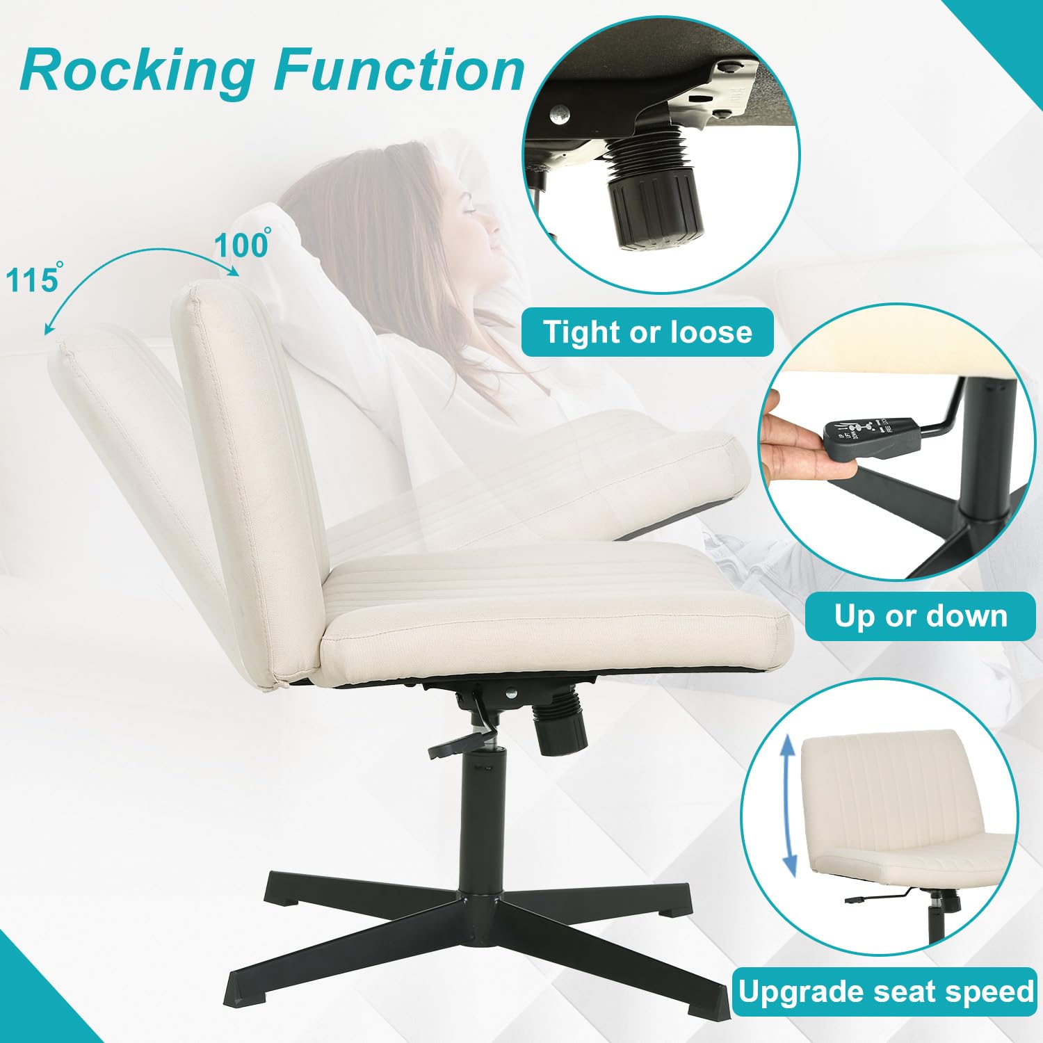 BestOffice Criss Cross Chair Comfy Armless Cross Legged Office Chair No Wheels Desk Chair Wide Adjustable Swivel Computer Task Vanity Chair for Reading, Computer Gaming, Home Office, Vanity (Beige)