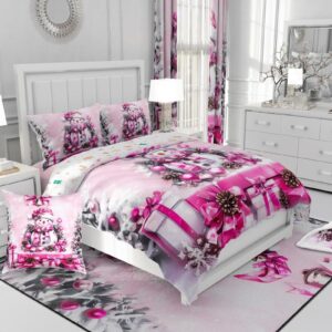 Feelyou Merry Christmas Tree and Snowman Bedding Set Full Size Xmas Pink Duvet Cover Girls Bedroom Decor Snowflake Comforter Cover Set Women Men Bow Bedspread Cover with 2 Pillow Case,No Comforter