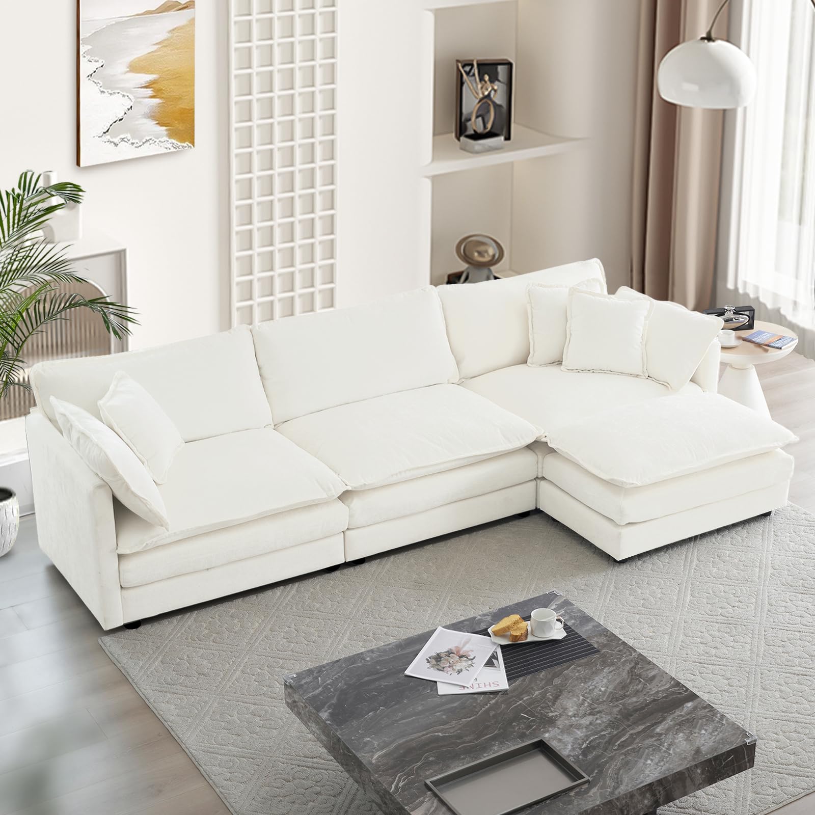 Oversize Mondular Sectional Sofa, 111.5'' Chenille Large L Shaped Couch with Reversible Chaise & Cushions, Big Cloud Couch for Living Room, Modern Comfortable Couch for Bedroom(4 Seater, Beige White)