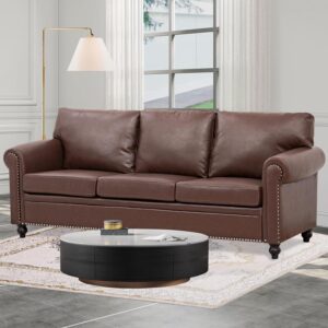 Brown Leather Couch, Comfy Classic 3 Seater Living Room Sofa，Mid-Century Modern Sofa with Detachable Cushions 84" for Living Rooms, Bedrooms, Offices,Apartments Tool-Free Assembly(Brown PU + Sofa)