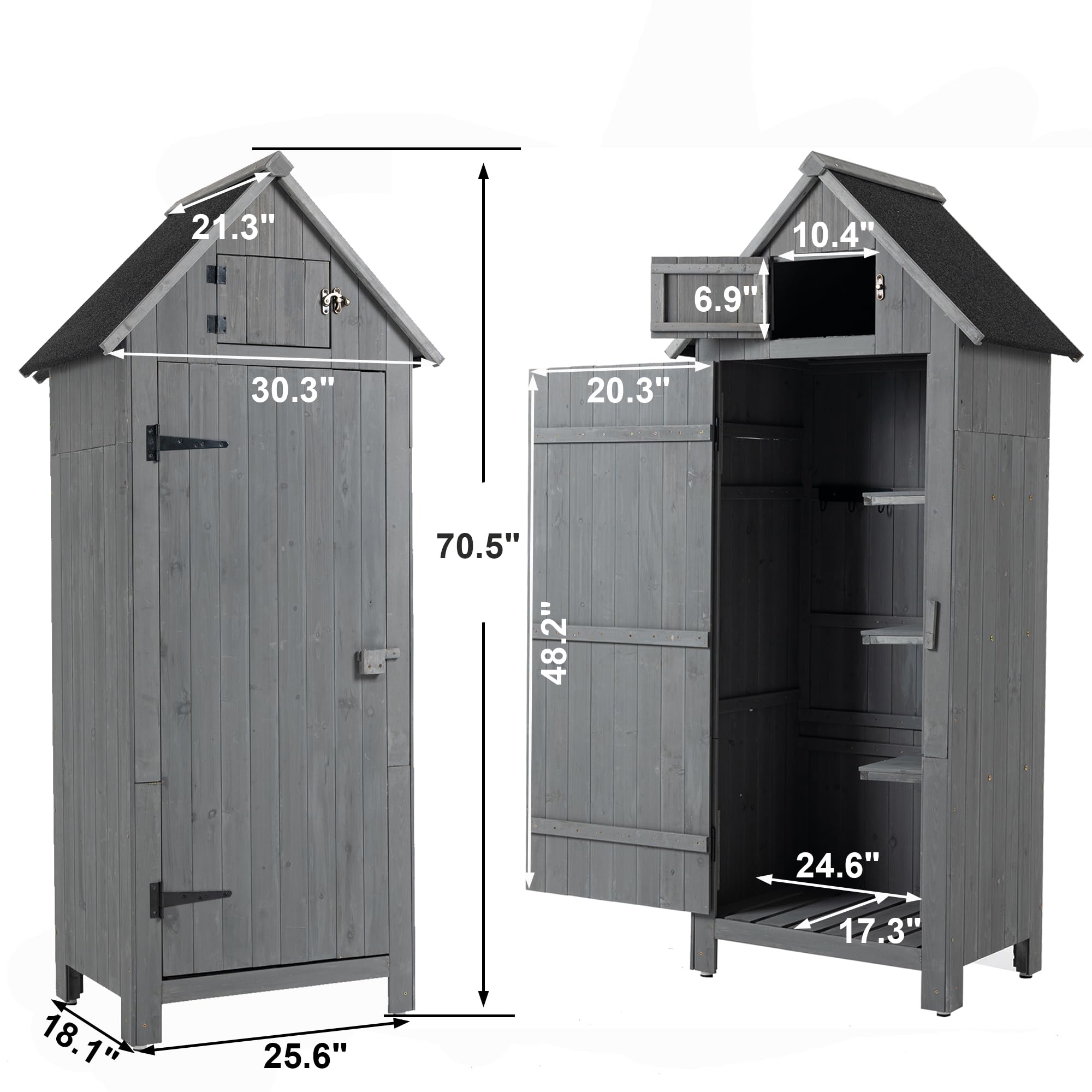 Outdoor Wooden Storage Cabinet and Tool Shed, 30.3" L x 21.3" W x 70.5" H, Gray