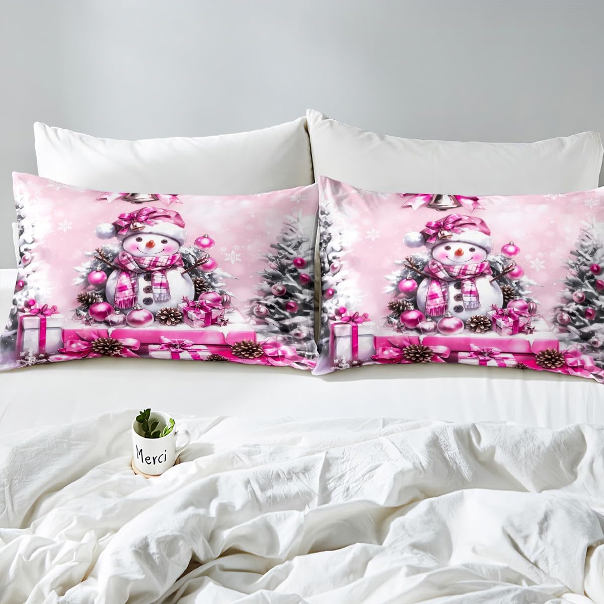 Feelyou Merry Christmas Tree and Snowman Bedding Set Full Size Xmas Pink Duvet Cover Girls Bedroom Decor Snowflake Comforter Cover Set Women Men Bow Bedspread Cover with 2 Pillow Case,No Comforter