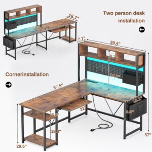 SEDETA L Shaped Gaming Desk with Hutch, 57.5” Reversible Corner Computer Desk with Storage Shelves, Gaming Desk with Pegboard, LED Lights, Power Outlet, Keyboard Tray (Rustic Brown)