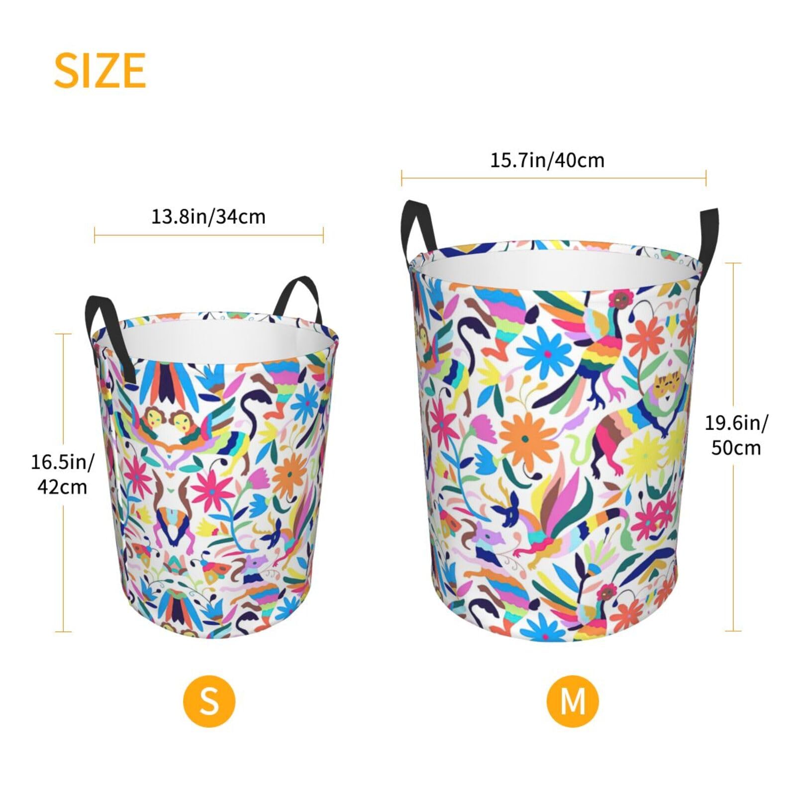 Mexican Otomi Animals Print Laundry Basket Waterproof Oxford Collapsible,Circular Laundry Hamper With Handles