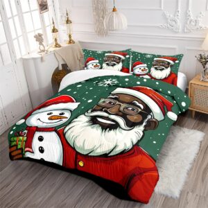 CCoutueChen Black Santa Claus Comforter Set Queen Size,Cute Cartoon Snowman Bedding Set for Kids Children,Green Christmas Holiday Decor Comforter,3Pcs Soft Warm Bed Set with 2 Pillowcases(90 * 90)