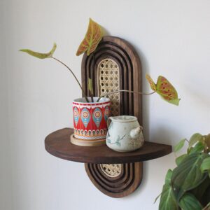 gripithpy arch rattan wall shelf,decorative wall flower stand,bohemian hanging shelf,modern rattan wall decoration shelf(11.8 * 14.57in, b)