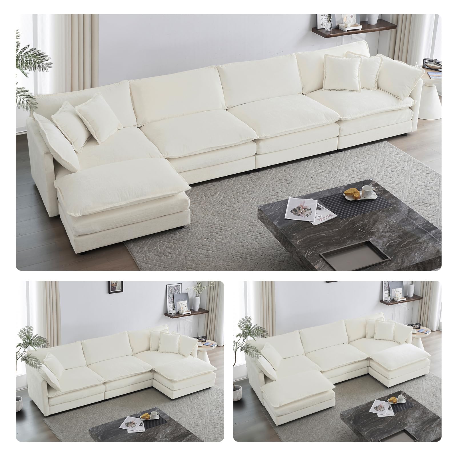 Oversize Mondular Sectional Sofa, 111.5'' Chenille Large L Shaped Couch with Reversible Chaise & Cushions, Big Cloud Couch for Living Room, Modern Comfortable Couch for Bedroom(4 Seater, Beige White)