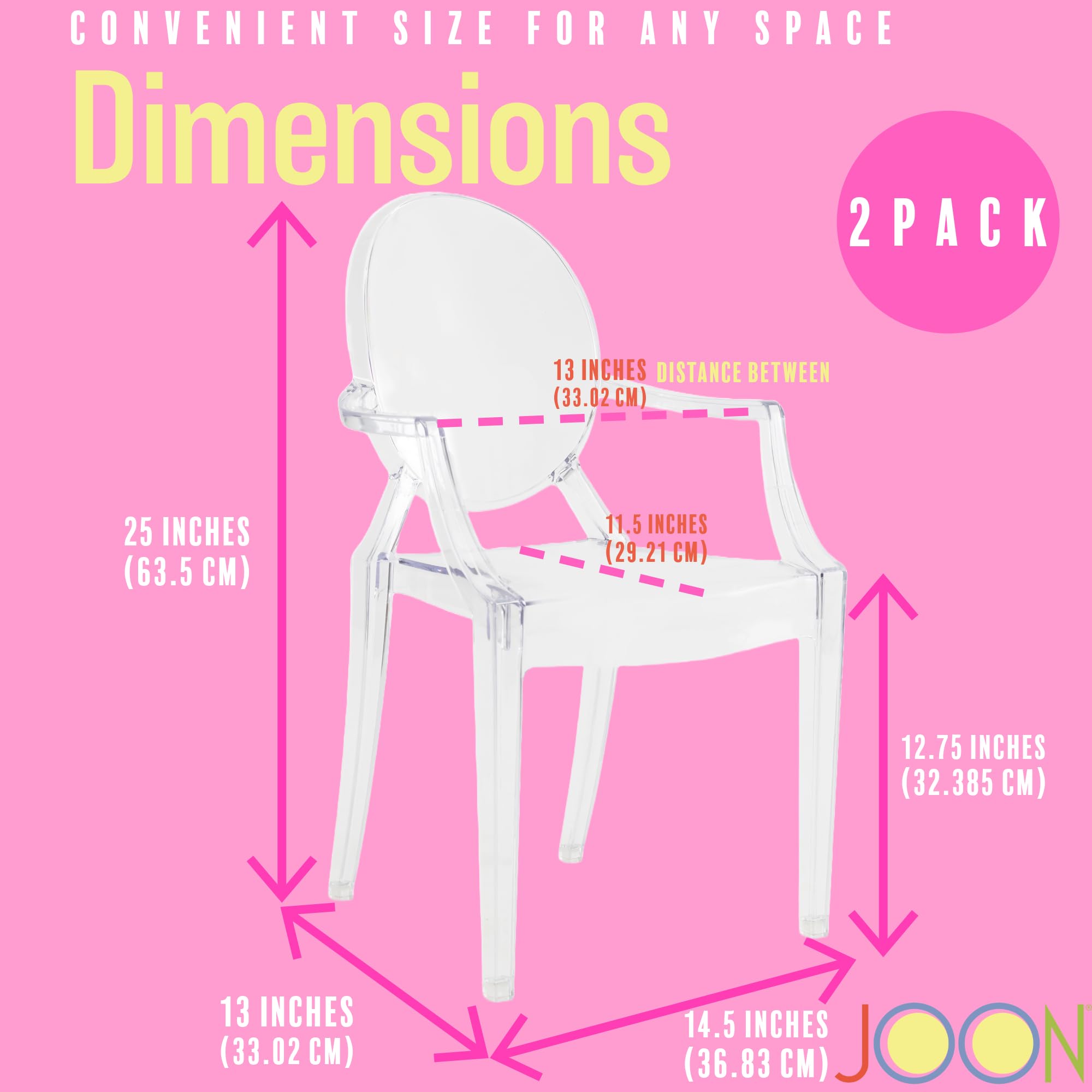 JOON 2 Pack Kids Ghost Chairs with Armrest Transparent, 25x13x14.5 Inches, Polycarbonate Material, 12.75” Seat Height, Stackable, for Toddler Parties, Playroom, Daycare, Home (Transparent Clear)