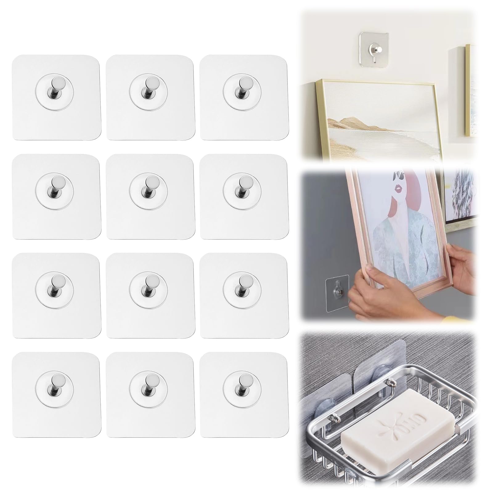 Benksaas Drill Free Adhesive Hooks, 2024 Upgraded Adhesive Wall Mount Screw Hooks, Nail Free Wall Hangers, Seamless Screws for Wall Mount, Kitchen, Bathroom, Home (12, 2.36 * 2.36 in)