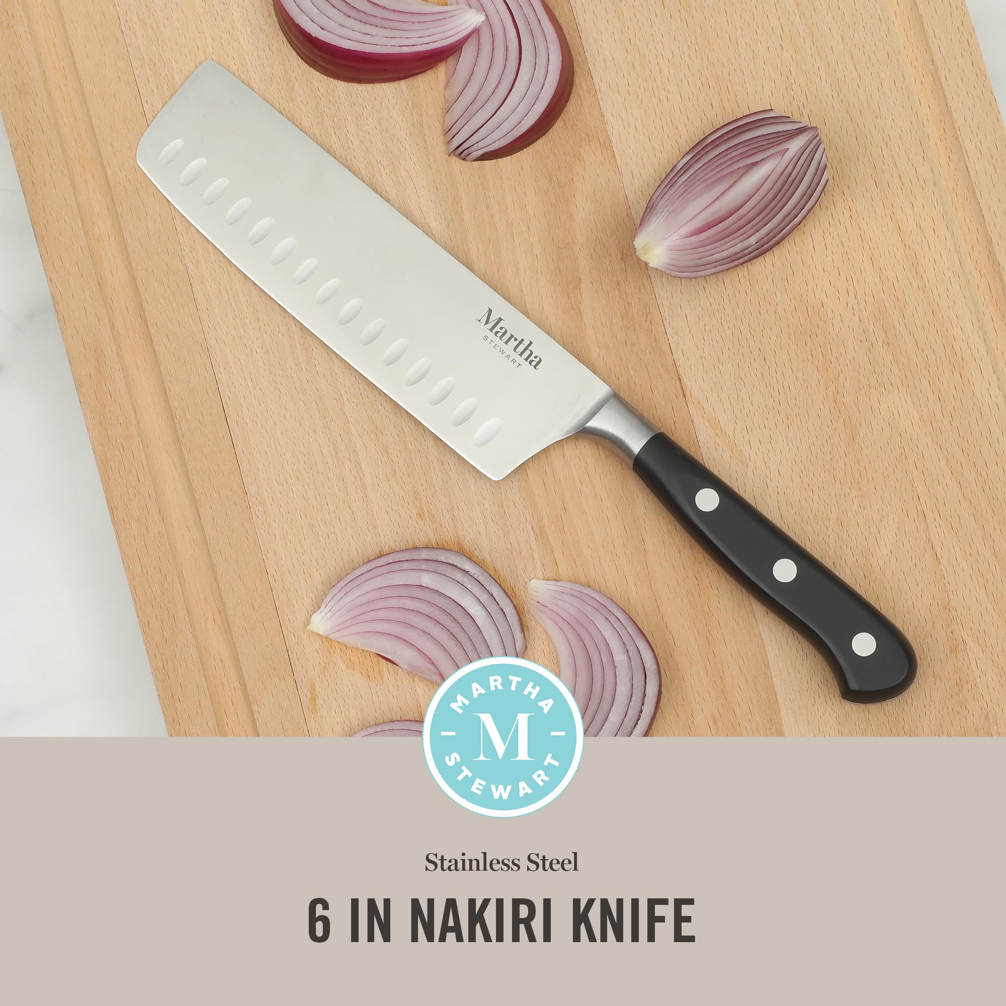 Martha Stewart Carverton 6" Nakiri Knife, High Carbon Stainless Steel Kitchen Knives w/Black Triple Riveted Handle