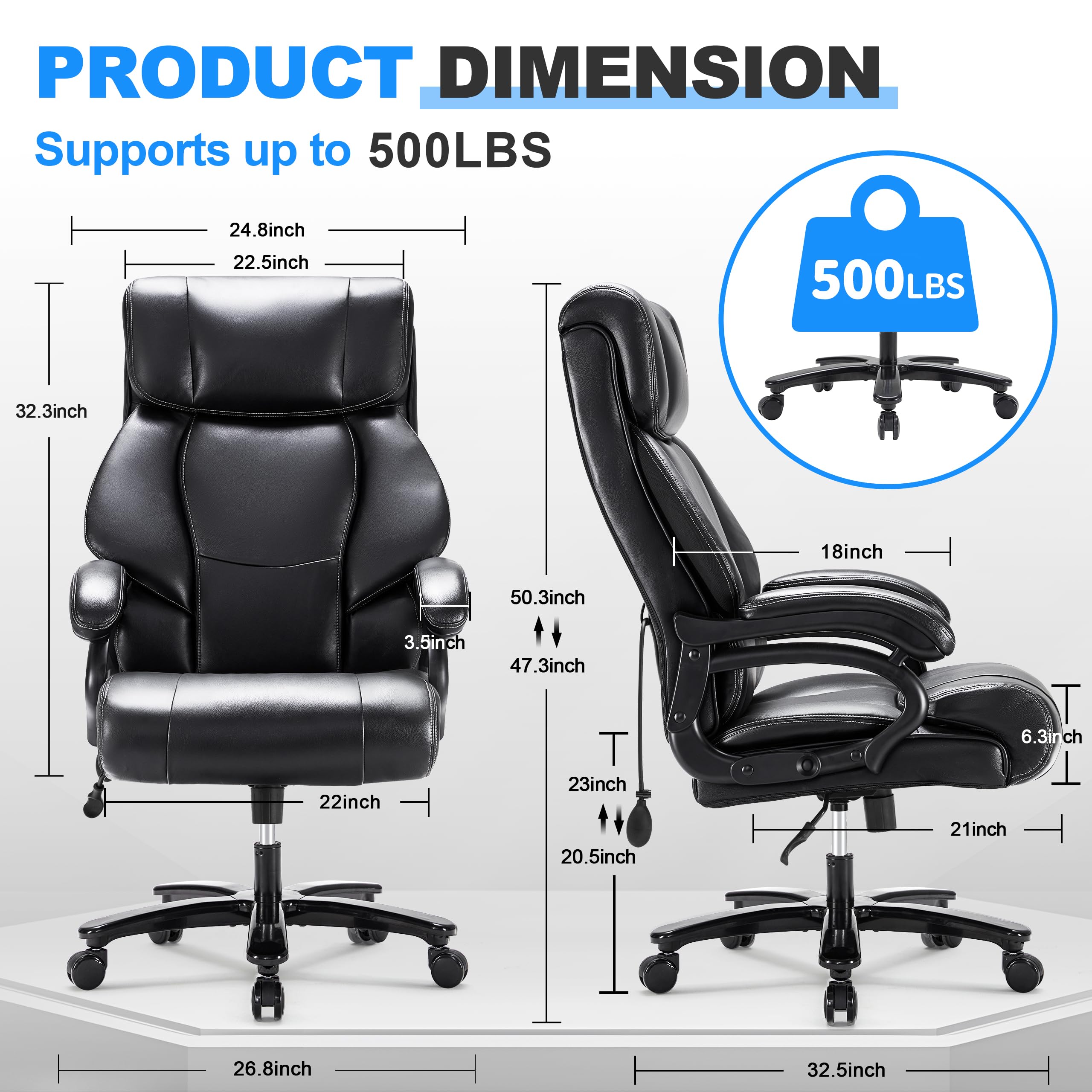 Huatean Home Big and Tall Office Chair 500LBS, Executive Office Chair for Heavy People, Heavy Duty Office Chair for Long Hours, Breathable Leather Ergonomic Office Chair for Back Pain Relief, Black