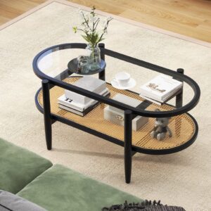 Moccha Boho Coffee Table, 2-Tier Center Table with Tempered Glass Tabletop & PE Rattan Storage Shelf, Mid Century Modern Tea Table, 40" L Oval Accent Table for Living Room, Office (Black)