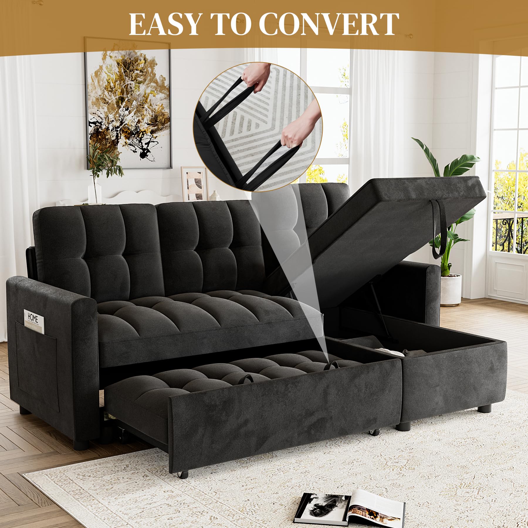 Wrofly 2 in 1 Convertible L-Shaped Sectional Sofa with Pullout Bed, 70.8" Velvet Sleeper Sofa with Reversible Storage Chaise, Modern Pull Out Couch for Living Room Bedroom Small Space, Black