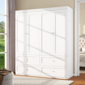 LABROSKIA Bedroom Armoire Wardrobe Closet with 4 Drawers: 74" White Wood Closet for Hanging Clothes, Cabinet for Clothes with 4 Doors, Large Wardrobe Closet with Shelves (White)