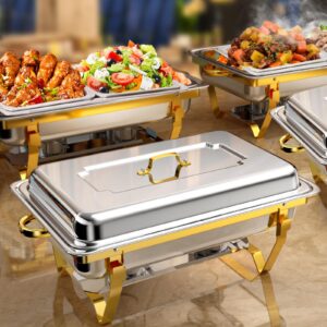 Jacgood 2 Pack 8 QT Chafing Dish Buffet Set, Gold Stainless Steel Catering Serve Chafer, Restaurant Food Warmer, Buffet Stove with Half Size Food Pan and Foldable Frame for Party