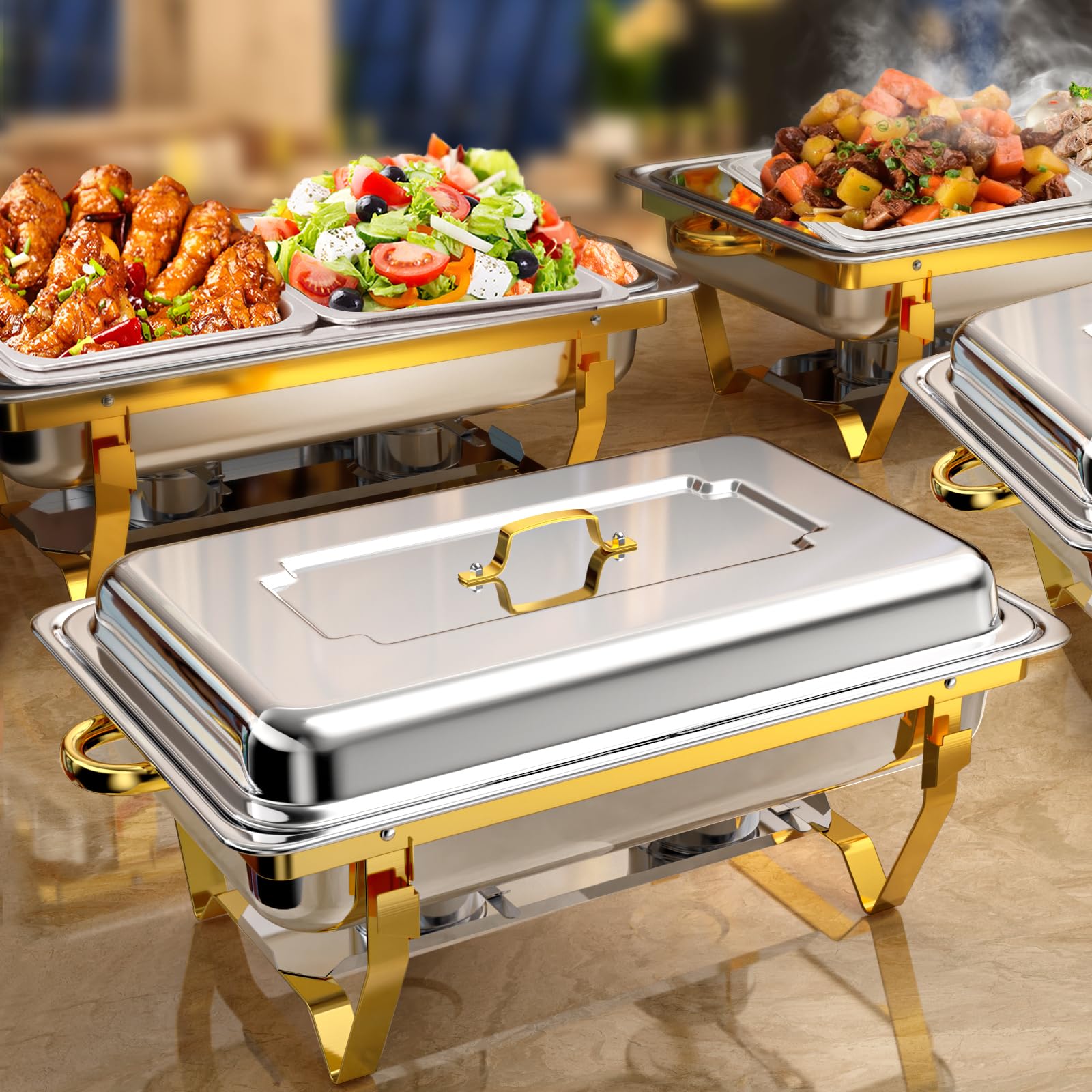 Jacgood 2 Pack 8 QT Chafing Dish Buffet Set, Gold Stainless Steel Catering Serve Chafer, Restaurant Food Warmer, Buffet Stove with Half Size Food Pan and Foldable Frame for Party