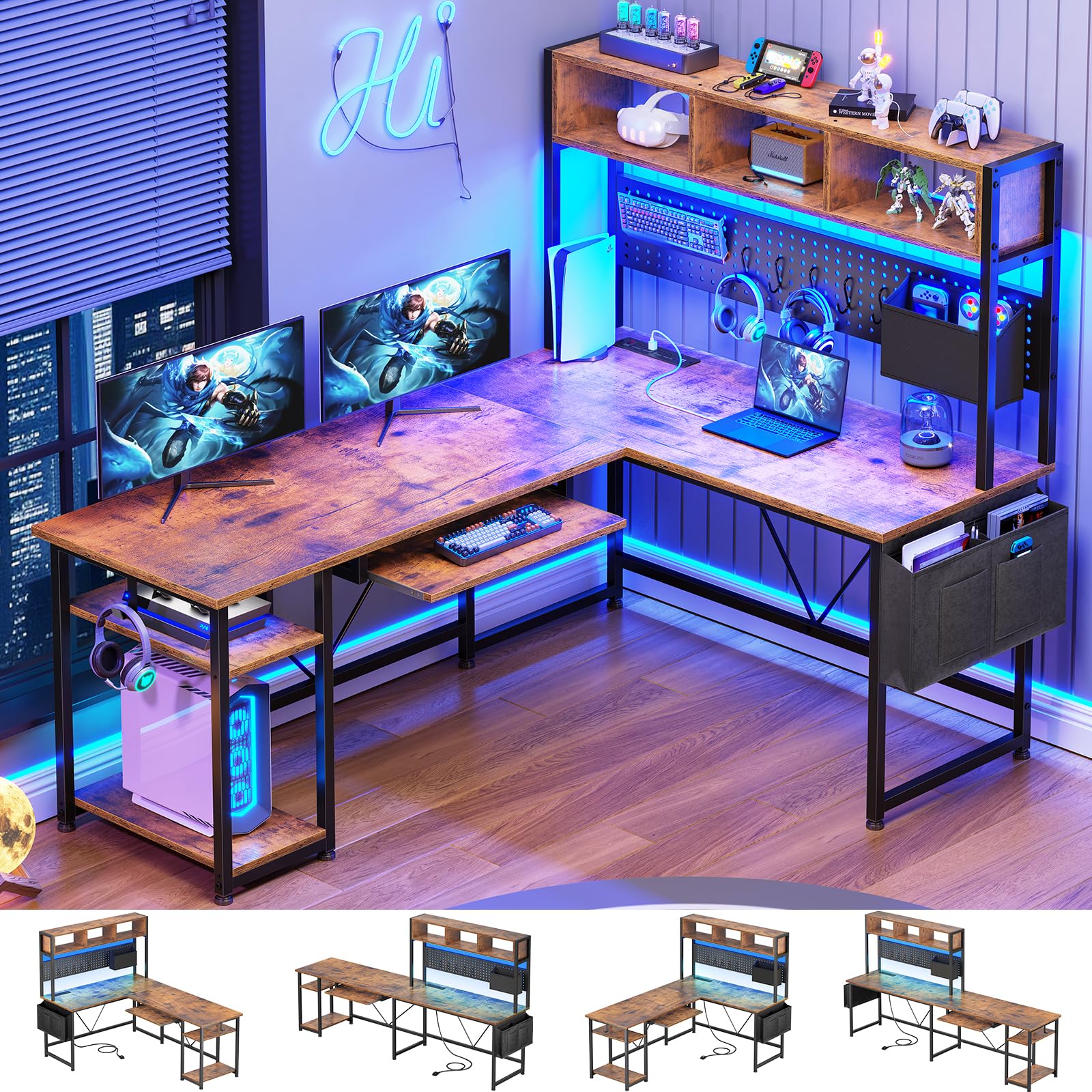 SEDETA L Shaped Gaming Desk with Hutch, 57.5” Reversible Corner Computer Desk with Storage Shelves, Gaming Desk with Pegboard, LED Lights, Power Outlet, Keyboard Tray (Rustic Brown)