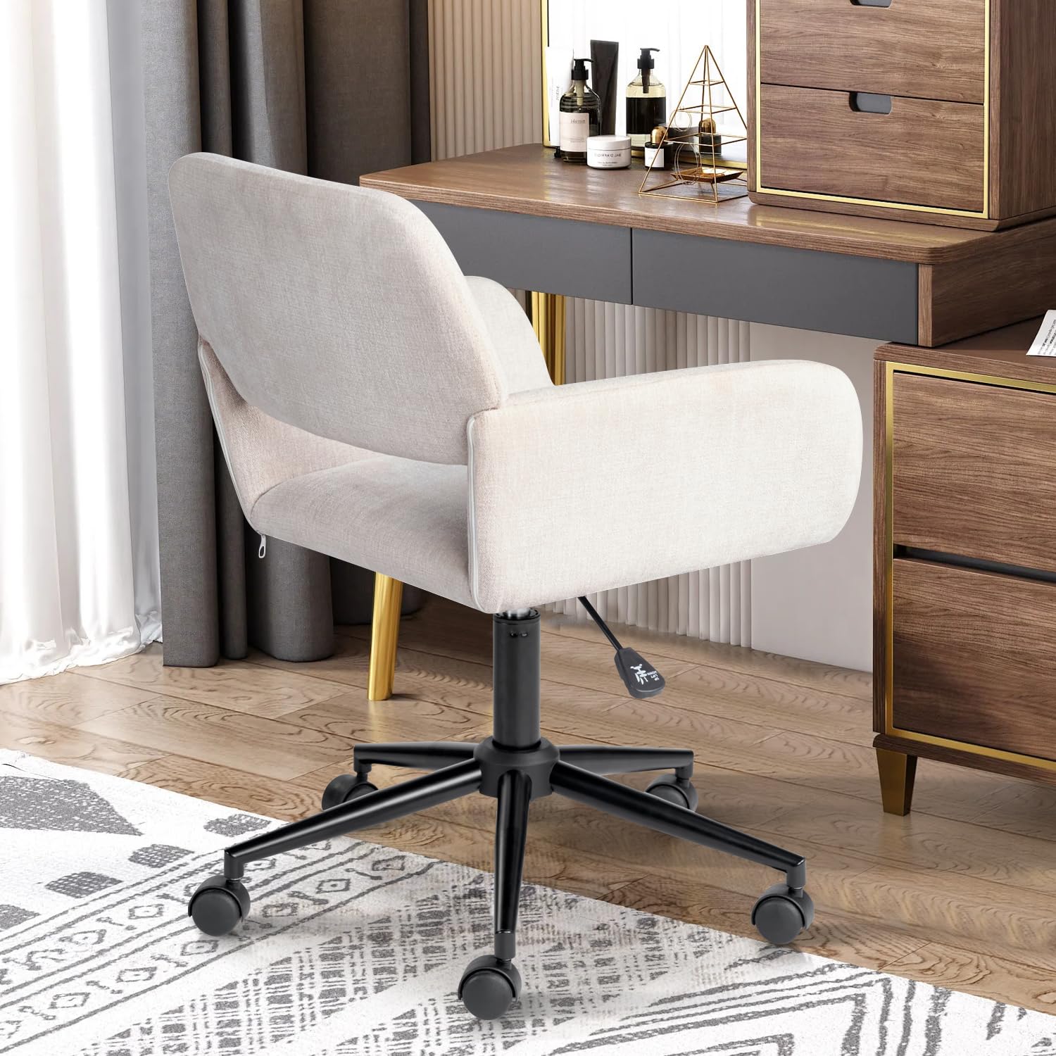 FurnitureR Home Office Chair, Fabric Upholstered Vanity Chairs with Rolling Wheels, Adjustable Study Desk Chair Mid Back Task Chair for Living Room, Bedroom, Small Spaces - Beige