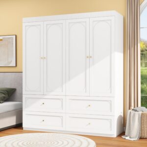 LABROSKIA Bedroom Armoire Wardrobe Closet with 4 Drawers: 74" White Wood Closet for Hanging Clothes, Cabinet for Clothes with 4 Doors, Large Wardrobe Closet with Shelves (White)