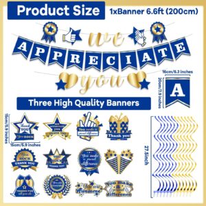 CHUNNIN We Appreciate You Banner Decorations Blue Gold Thank You Hanging Swirls Sign Employee Appreciation Streamer for Pastor Staff Teacher Retirement Doctor Nurse Thanksgiving Party Supplies