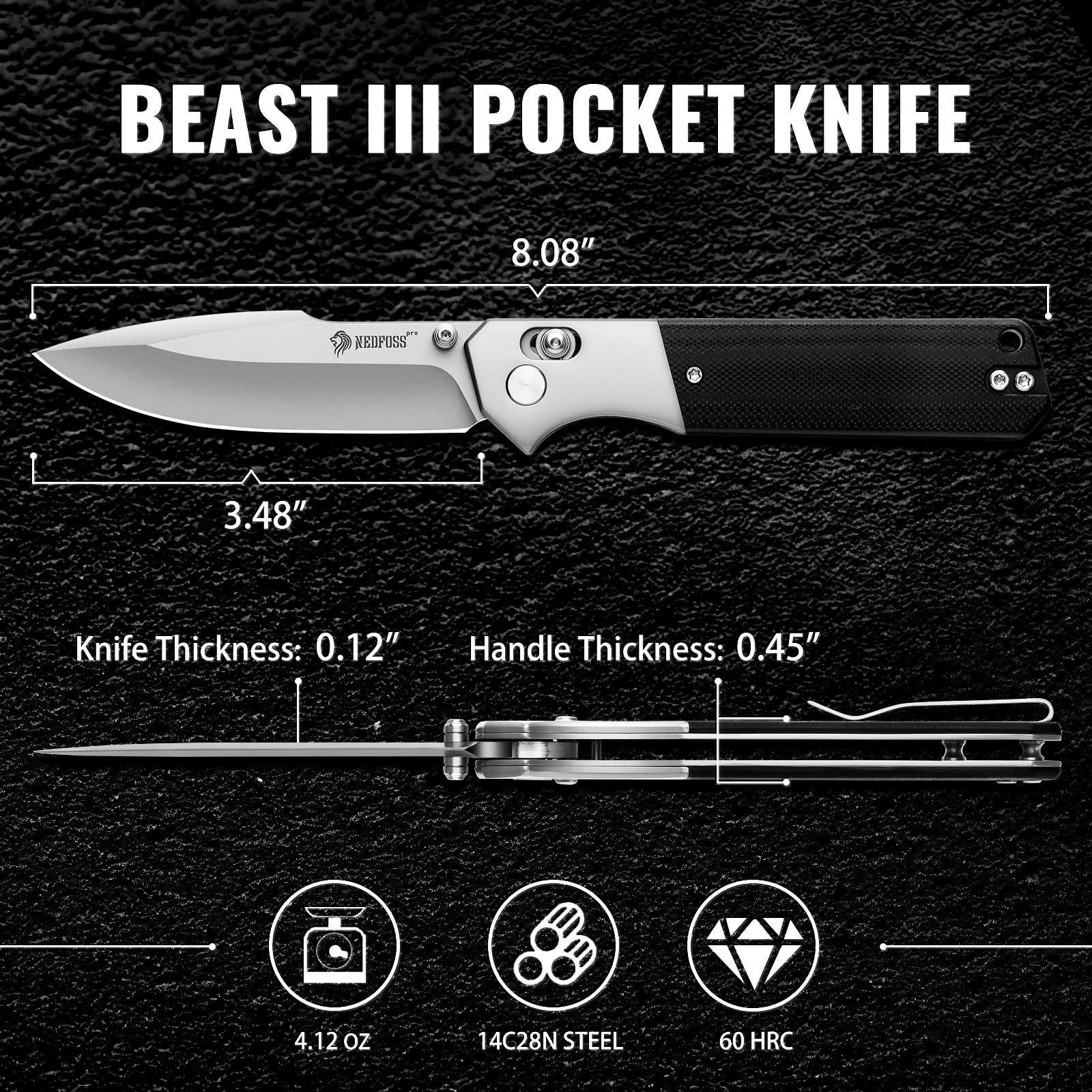 NedFoss BEAST Pocket Knife for Men, 3.48" 14C28N Steel Blade Folding Knife with Clip, G10 Handle, Safety Axis Lock, Heavy Duty Tactical Knife for Hiking Camping Gifts for Men Women