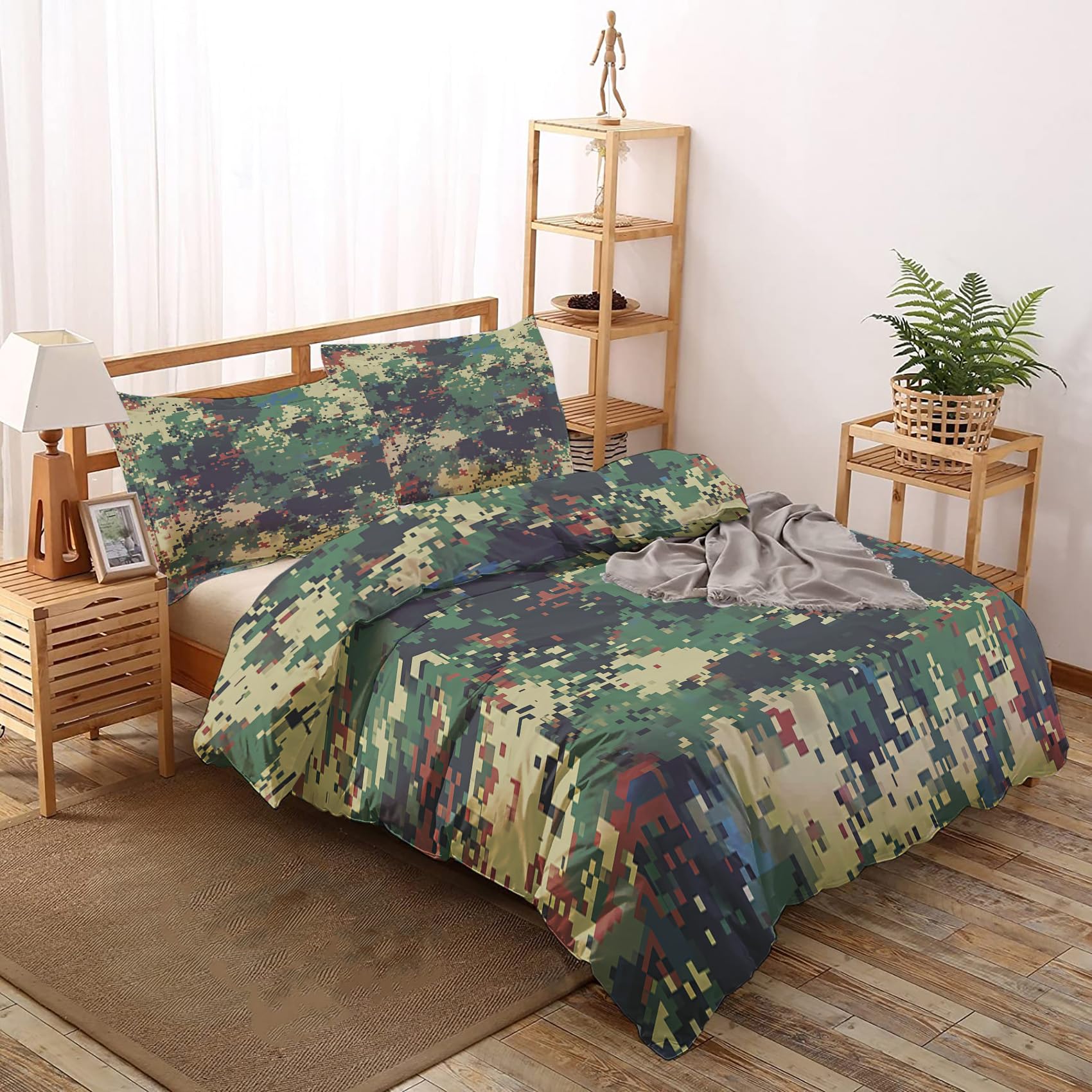 Epzgwjzth Army Green Camo Duvet Cover Queen Size, Military Camouflage Queen Comforter Cover with Zipper Closure 3 Pieces, Microfiber Soft Bedding Set 1 Duvet Cover 90X90 inches 2 Pillow Shams