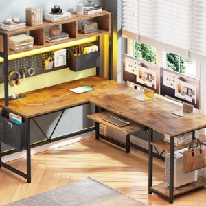 SEDETA L Shaped Gaming Desk with Hutch, 57.5” Reversible Corner Computer Desk with Storage Shelves, Gaming Desk with Pegboard, LED Lights, Power Outlet, Keyboard Tray (Rustic Brown)