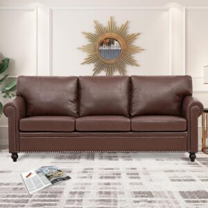 Brown Leather Couch, Comfy Classic 3 Seater Living Room Sofa，Mid-Century Modern Sofa with Detachable Cushions 84" for Living Rooms, Bedrooms, Offices,Apartments Tool-Free Assembly(Brown PU + Sofa)