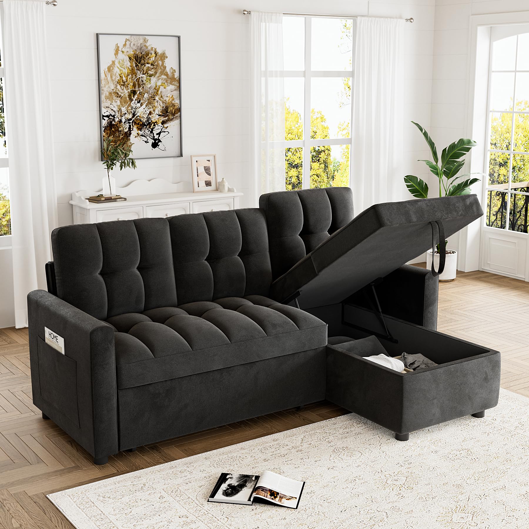 Wrofly 2 in 1 Convertible L-Shaped Sectional Sofa with Pullout Bed, 70.8" Velvet Sleeper Sofa with Reversible Storage Chaise, Modern Pull Out Couch for Living Room Bedroom Small Space, Black