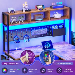 SEDETA L Shaped Gaming Desk with Hutch, 57.5” Reversible Corner Computer Desk with Storage Shelves, Gaming Desk with Pegboard, LED Lights, Power Outlet, Keyboard Tray (Rustic Brown)