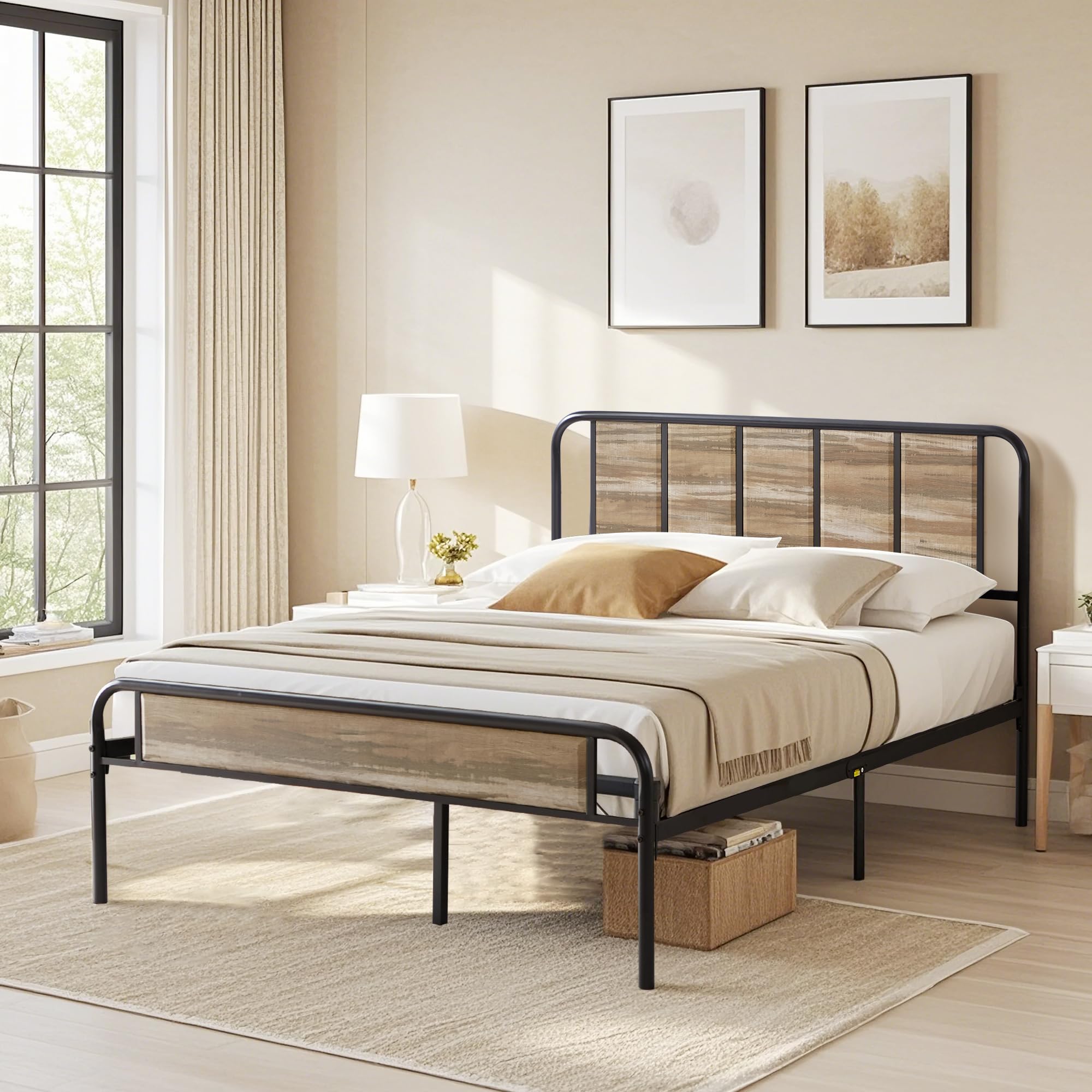 VECELO Queen Size Metal Platform Bed Frame with Wooden Headboard,Sturdy Steel Slats Support/Matress Foudation/No Box Spring Needed(Grey Slate)