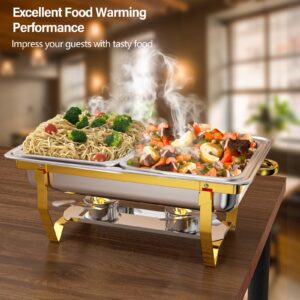 Jacgood 2 Pack 8 QT Chafing Dish Buffet Set, Gold Stainless Steel Catering Serve Chafer, Restaurant Food Warmer, Buffet Stove with Half Size Food Pan and Foldable Frame for Party